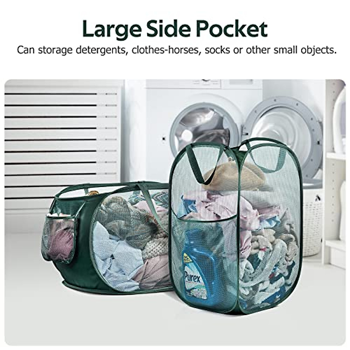 OTraki 2 Pack 70L Mesh Laundry Hampers with Long Handles Pop Up Clothes Basket for Laundry Collapsible Hamper with Large Side Pocket for Socks Detergent Hangers Easy to Carry in Home Hotel Green