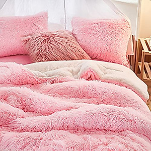 Luxury Faux Fur Shaggy Comforter Set King Size, Plush & Sherpa Reversible Comforter Pink, 3 Pieces Fluffy Fuzzy Bedding Set Ultra Soft and Warm for Winter (1 Comforter + 2 Pillowcases)