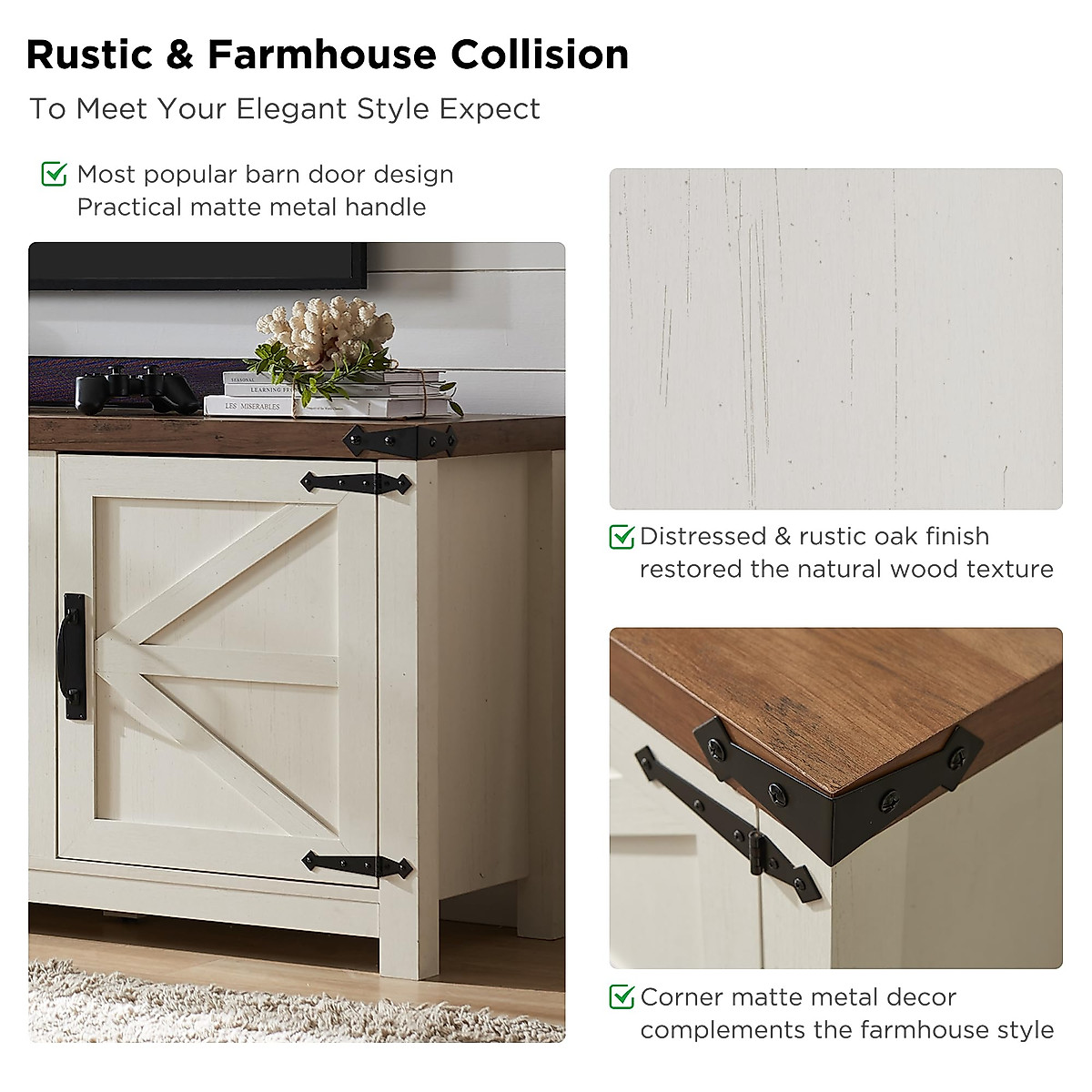 OKD Farmhouse Fireplace TV Stand for 70 75 Inch TV, Rustic Entertainment Center with 23" Electric Fireplace, Barn Door, Adjustable Shelves, Wood Media Console Cabinet for Living Room, Antique White