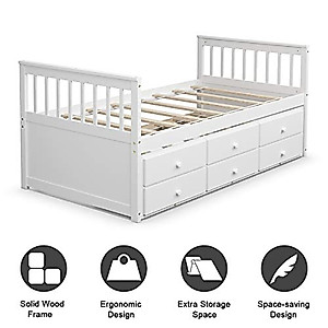 DORTALA Trundle Bed Twin Size, Wooden Daybed w/Trundle and 3 Storage Drawers, No Box Spring Required, Modern Captains Bed for Boys Girls Adults, Great for Bedroom, Guest Room (White, Twin)