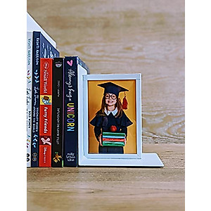 MODBRANDS Premium Bookends Set with Photo Frames. Non-Skid, Sturdy Metal with Acrylic Photo Protection (Extra acrylics Included), 6.75 x 5.5 x 4 in, 1 Pair (Set of 2), White