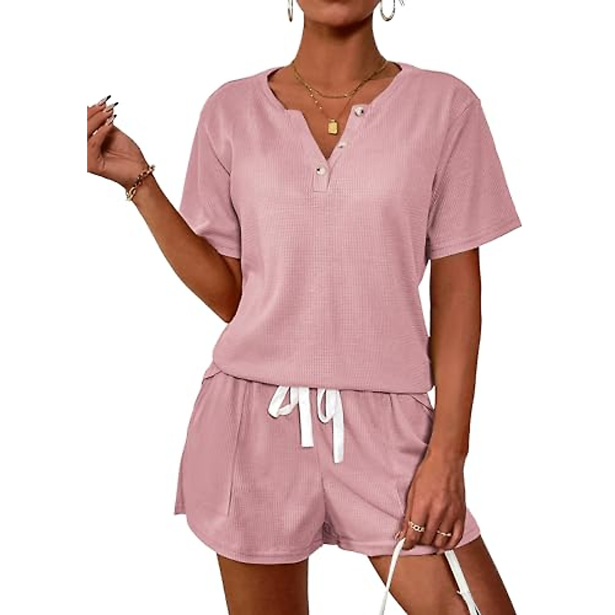 Ekouaer Women's Sets Comfy Waffle Pajamas Knit Sleepwear Button Down Lounge Set Short Sleeve Pjs with Pocket