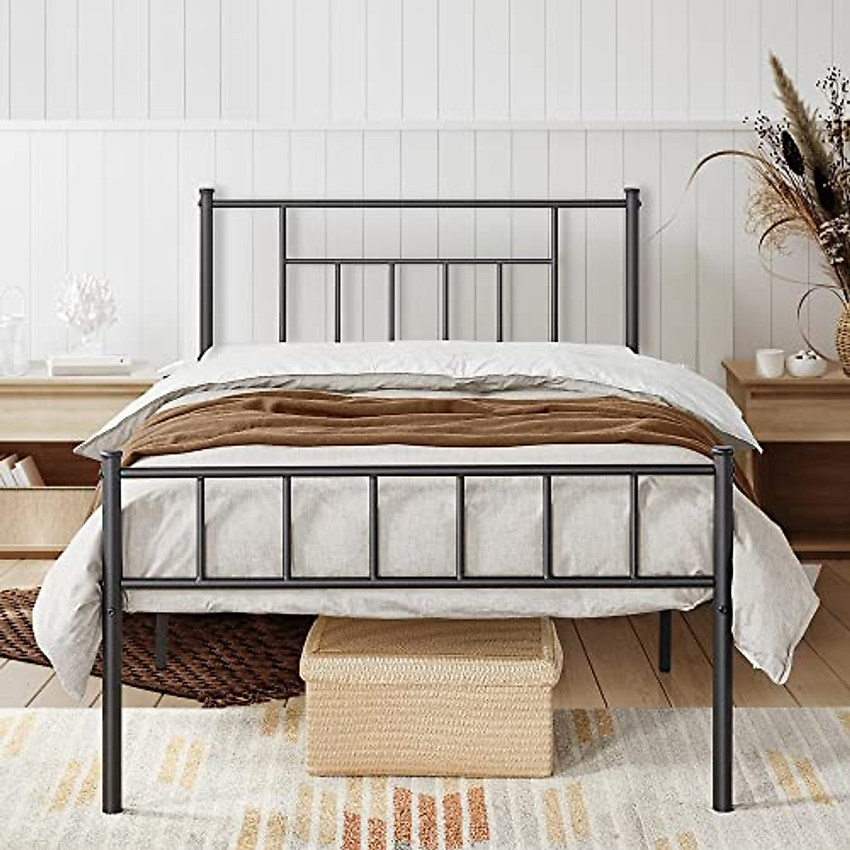 Yaheetech 2 Pcs 13 inch Twin Size Metal Bed Frame with Headboard and Footboard Platform Bed with Storage No Box Spring Needed Mattress Foundation, Black