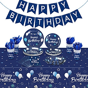 171 Pieces Happy Birthday Party Tableware Set Birthday Decoration Birthday Banner and Tablecloths Plates Cups Napkins Party Dinnerware for 24 Guests Party Supplies (Blue and Silver)