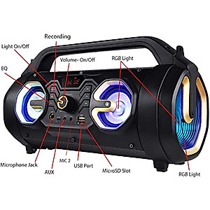 Boytone BT-16G Portable Bluetooth Boombox Speaker, Indoor/Outdoor, 25W, Loud Sound, Deeper Bass, EQ, 5" Subwoofer, 2 x 3 Tweeter, FM, 9H Playtime, USB, Micro SD, AUX, Microphone, Recording, LED Light