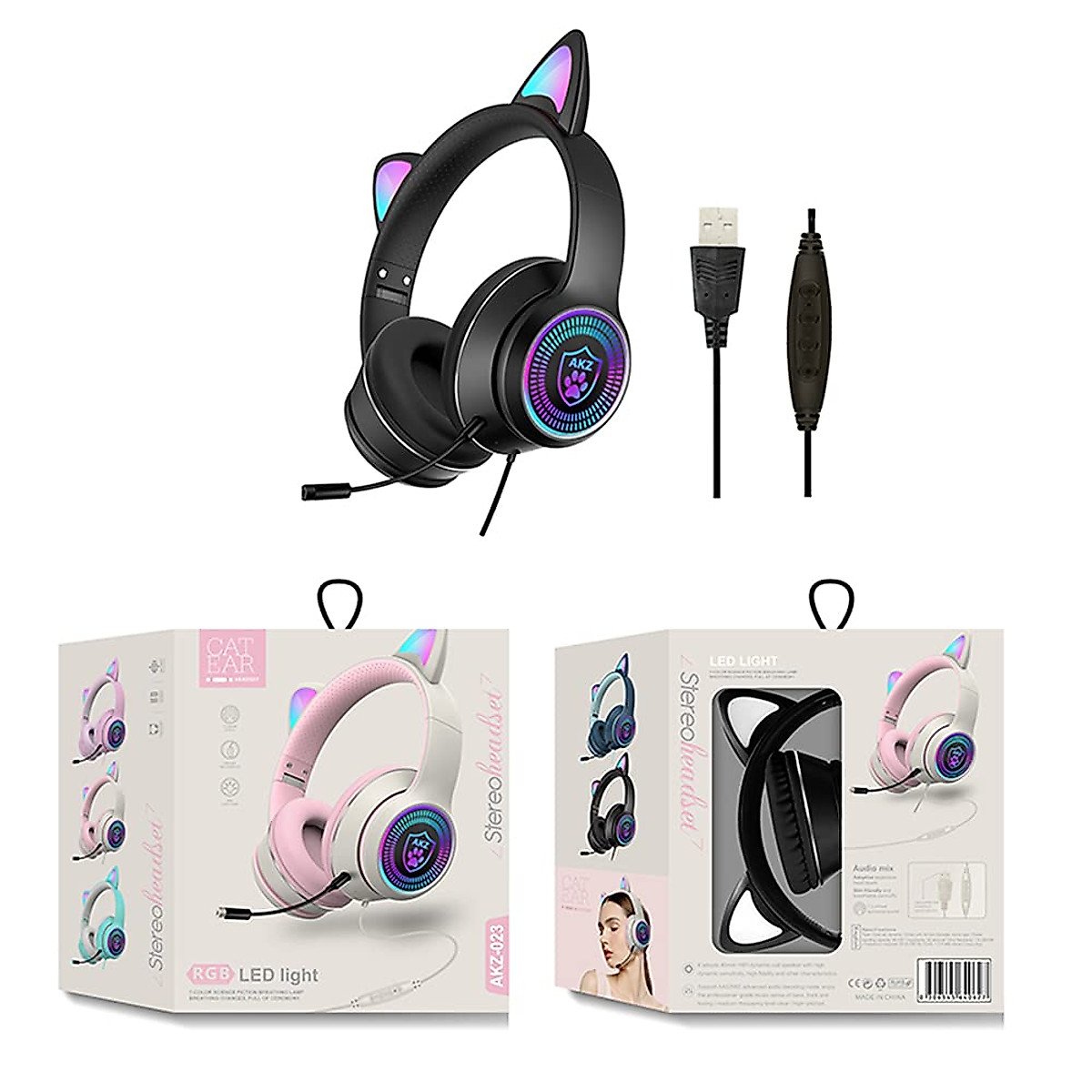 UXELY Cat Ear Gaming Headset USB Wired Headphones with Mic Foldable RGB Light Up Headphones for Laptop/Computer(Black)