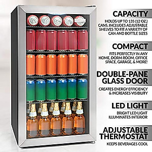 Igloo IBC35SS 135-Can Capacity Beverage Refrigerator & Cooler for Soda, Beer, Wine and Water LED-Lighted Double-Pane Glass Door, 3.5 Cu. Ft, Stainless Steel, Cubic Foot