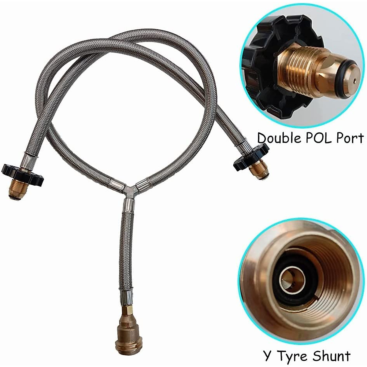 Upgraded Stainless Braided Y-Splitter Dual Propane Tank Connection Hose Kit,Two Way POL & QCC1 Regulator Exit Adapter to Connect 5-100lbs Cylinder Tank for Heater Grill BBQ and Other Propane Equipment