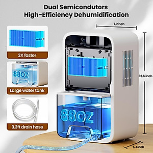 Dehumidifier,88OZ Dehumidifier for Bedroom With Drain Hose Quiet Small Dehumidifier for Bathroom Home Room Basement Portable Mini Dehumidifiers for RV Closet （800Sq.ft)