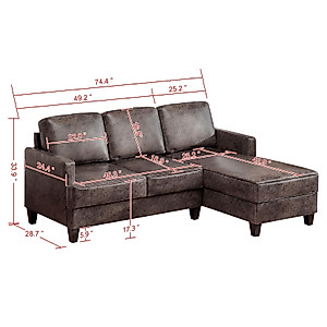 Vesgantti 72 inch L Shaped Couches, 3 Seater Sectional Sofa with Chaise Lounge, Upholstered Modern 3 Cushion Sofa, 2 Piece Sofa Set for Living Room, Apartment, Office, Brown