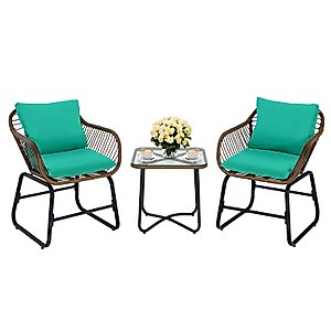 Tangkula 3 Pieces Patio Bistro Set, Patiojoy Outdoor PE Rattan Armchairs and Coffee Table Set with Comfortable Cushions & Adjustable Foot Pads, Suitable for Garden Backyard Poolside (Turquoise)