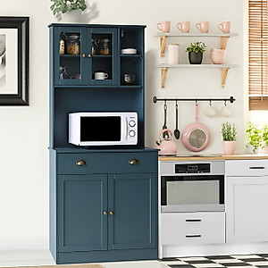 MUPATER 72'' Kitchen Pantry Cabinet Storage Hutch with Microwave Stand, Freestanding Pantry Buffet Cabinet with Adjustable Shelves, Cupboard and Drawer for Home, Blue
