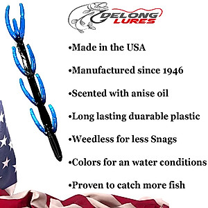 Delong Lures 6" Weedless Leggy KILR Fishing Worms for Bass, Pike, and Other Sport Fish, Soft Plastic for Bass Fishing, Pike Fishing Lures Baits Tackle Worms for Fishing (Black/Blue)