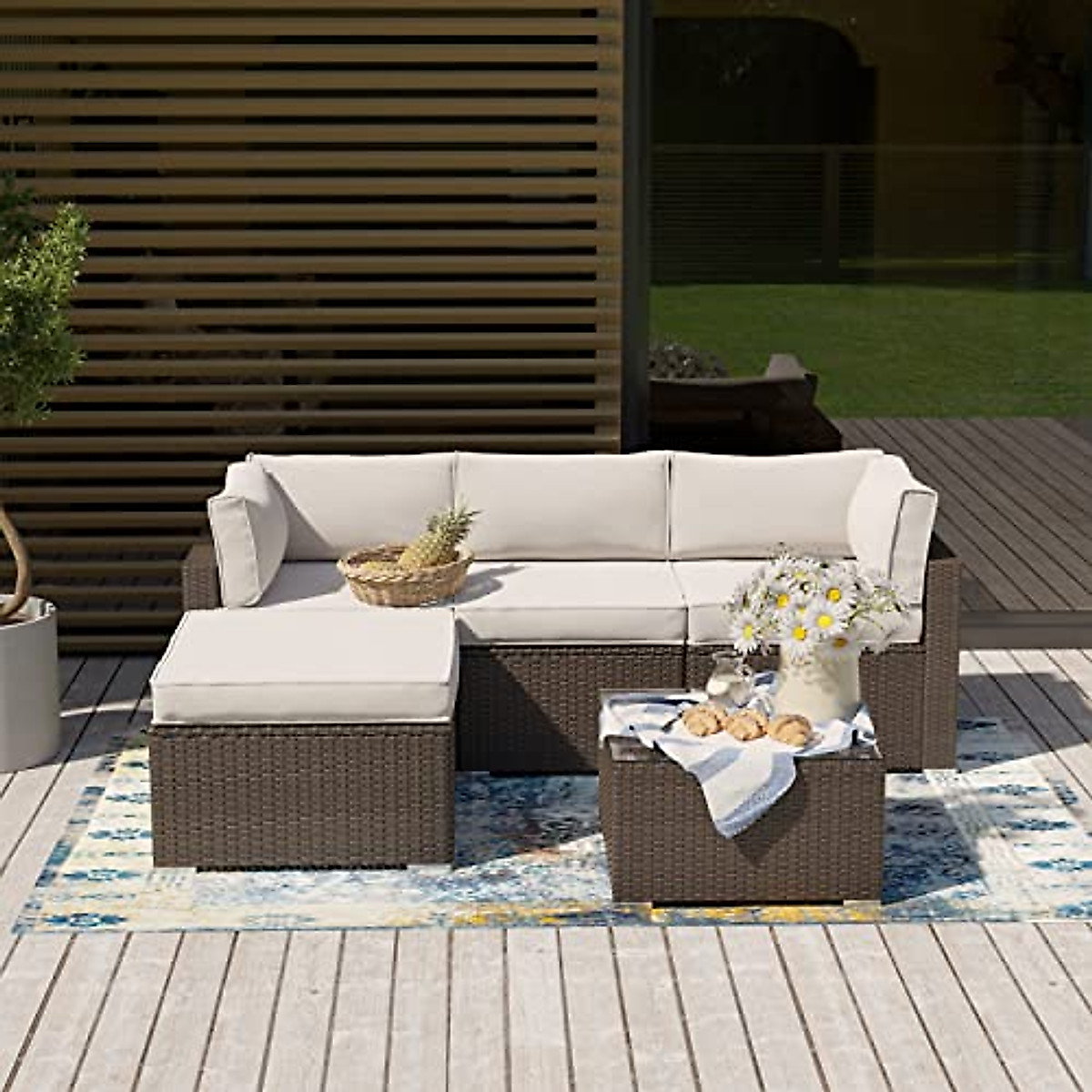 SUNBURY 5-Pieces Outdoor Furniture Set, All-Weather Wicker Patio Conversation Sets Sectional Sofa w 3 Pillows, Cushions, Coffee Table, Ottoman, Patio Furniture Set for Backyard Garden Pool (Off-White)