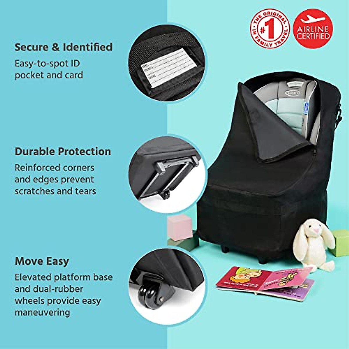 J.L. Childress Wheelie Car Seat Travel Bag - Car Seat Carrier with Wheels - Thick Padding, Heavy Duty Car Seat Bag with Wheels - Fits All Car Seats, Infant carriers & Booster Seats - Black