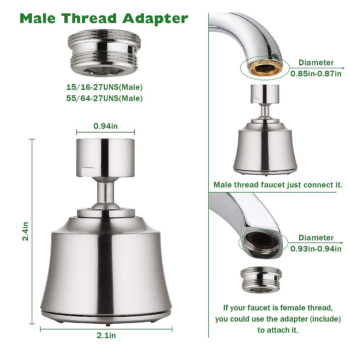 Brushed Nickel Kitchen Sink Side Sprayer Replacement + Brushed Nickel Kitchen Sink Faucet Head with 2 Ball Joint, 4 Spray Models