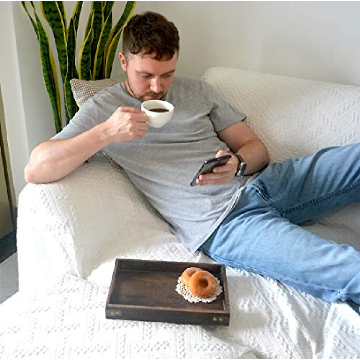 Sufandly Service Tray with Handles, Serve Coffee, Tea, Cocktails, Appetizers, Rectangle Wood Breakfast Bed Tray 11.8X 7.9 Inch