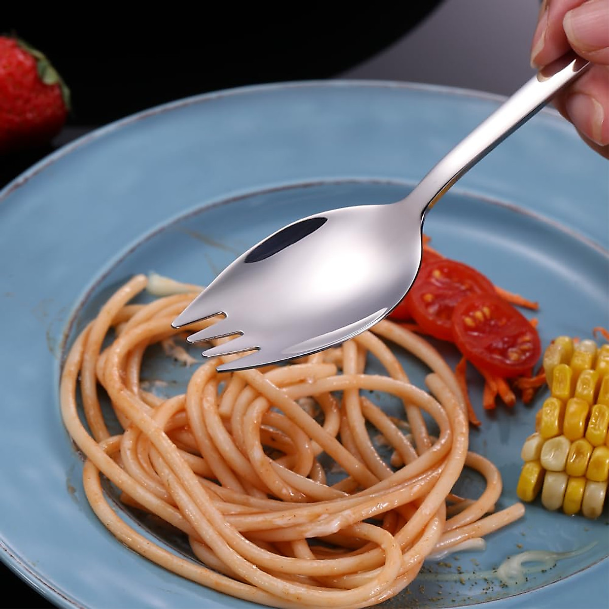 tiokin Sporks,4-Pack Salad Forks 18/10 Stainless Steel 7.4 Inches Long Handle Dessert Spoons Ice Cream Spoons Flatware Set Reusable Fruit Appetizer Dessert Forks for Household Use or Camping