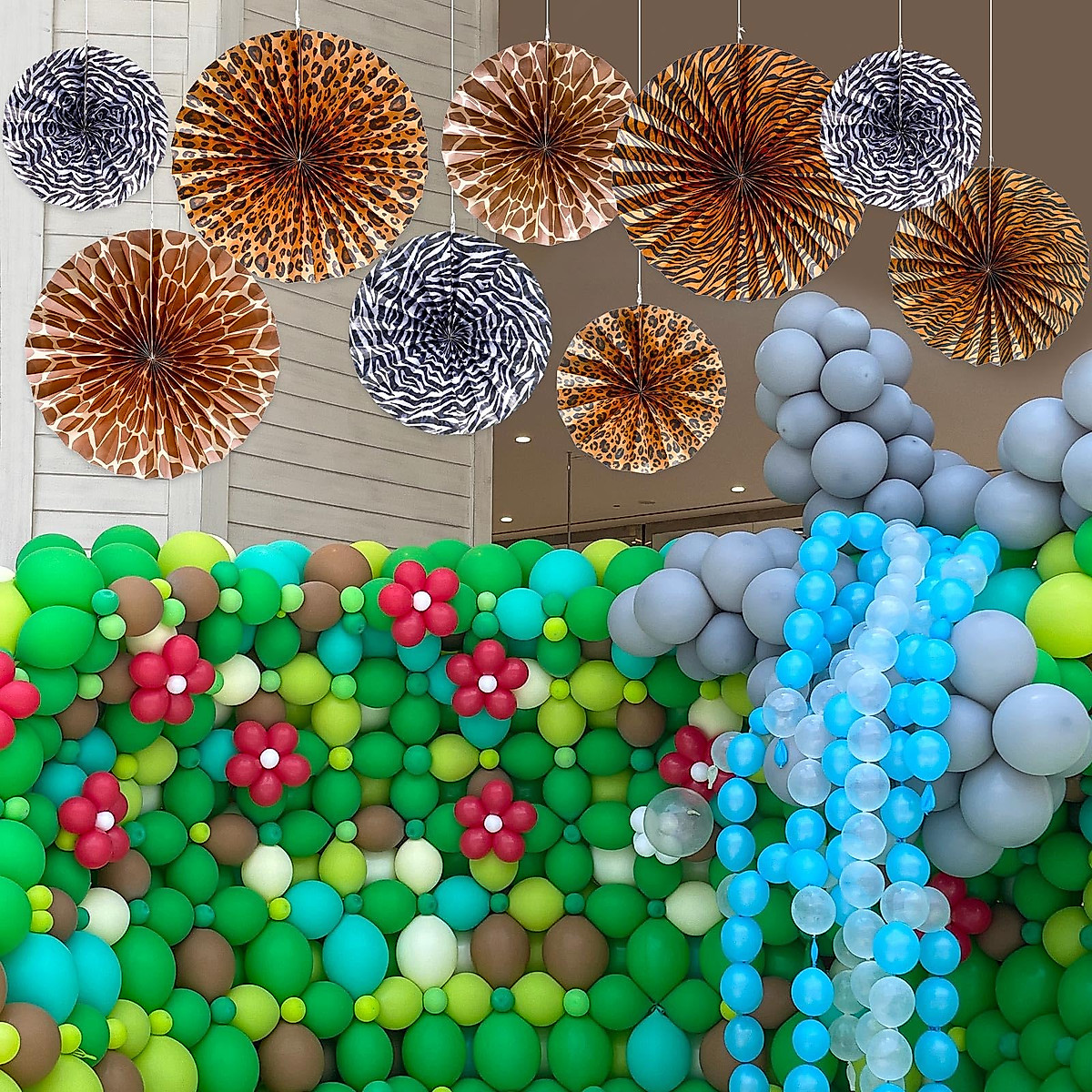 Outus 9 Pcs Animal Print Hanging Paper Fans Decorations Safari Theme Paper Fan Classroom Decoration Jungle Animal Ceiling Wall Garland for Wild Zoo Animal Baby Shower Birthday Party Supplies Decor