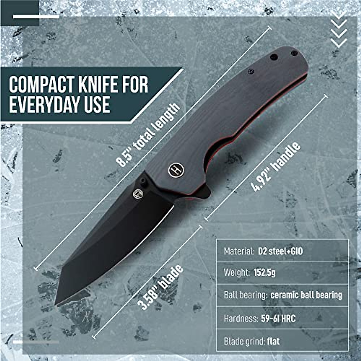 Holtzman's Gorilla Survival Folding Knife D2 Steel Blade G10 Tactical Handle Pocket Folding Knife EDC Giftset for Men (Grey and Red)