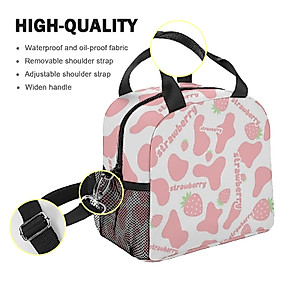 Fashion Insulation Strawberry Lunch Bag with Shoulder Strap Durable Pink Cow Print Lunch Box Waterproof Lunch Tote Bag with Pockets for Girl Women