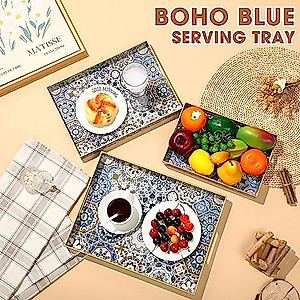 Dandat 4 Pcs Serving Tray with Handle Boho Coffee Table Tray Blue Plastic Ottoman Decorative Trays for Home Coffee Table Halloween Christmas Living Room Kitchen Bathroom, 3 Sizes