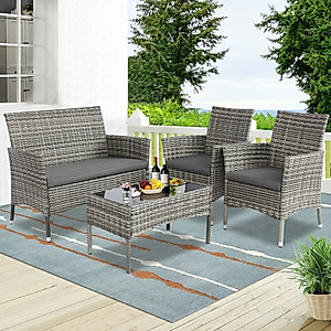 HTTH 4-Piece Outdoor Patio Furniture Sets Wicker Sofa with Cushions and Coffee Table Garden Lawn Pool Backyard Outdoor Sofa Sets (Grey-Grey)