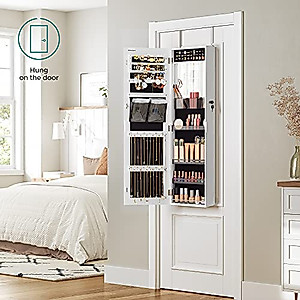 SONGMICS Jewelry Cabinet Armoire, Wall/Door Mount Storage Organizer with Full-Length Frameless Mirror, Lockable Cabinet with Built-in Small Mirror, Shelves, Gift Idea, White UJJC003W01