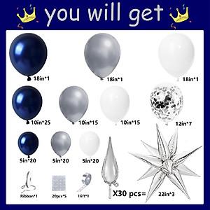 Bonropin Navy Blue and Silver Balloon Garland Arch Kit 158pcs with Blue White Silver Confetti Balloons, Star Foil Balloons, for Graduation New Year Anniversary Birthday Party Decorations