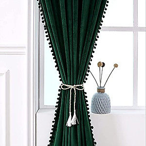 SNITIE Emerald Green 84in Long Pom Pom Velvet Curtains with Rod Pocket Thermal Insulated Soft Privacy Light Filtering Velvet Drapes for Bedroom Living Room, 2 Panels (Emerald Green, 42 x 84In Long)