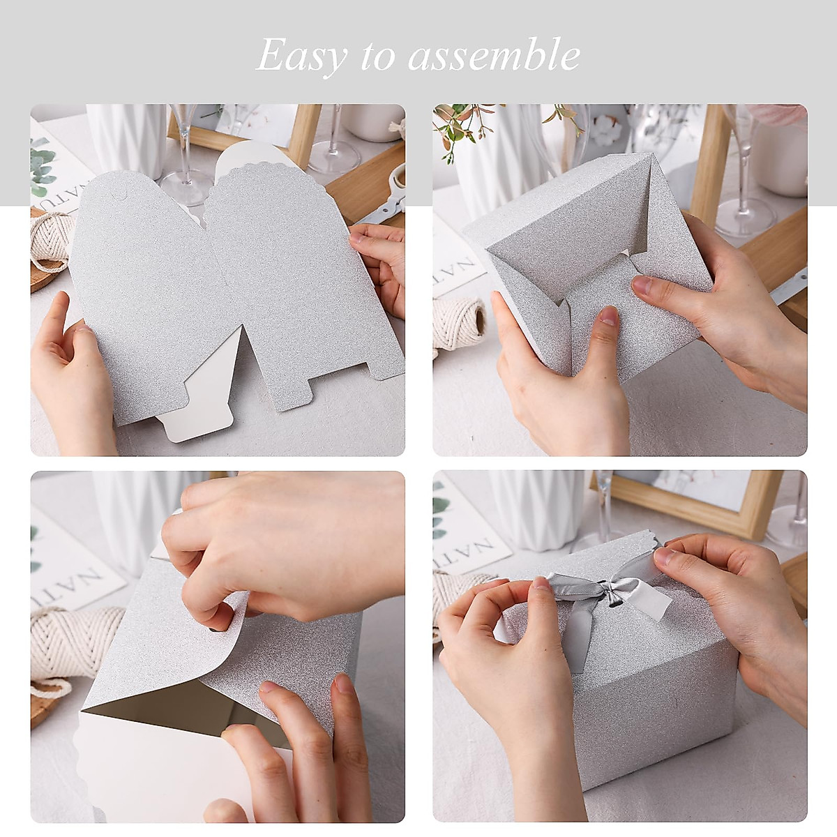 HONEYGIFTS Sliver Gift Boxes, Paper Treat Boxes Glitter Candy Box with Ribbon for Wedding Cookie Chocolates Small Gifts