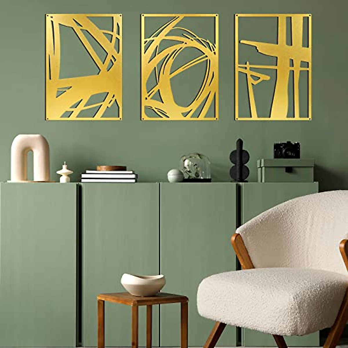 Geelin 3 Pcs Metal Wall Decor 16 x 11 Inch Abstract Metal Wall Art Modern Minimalist Geometric Wall Decor 3D Textured Metal Wall Sculptures for Home Bathroom Living Room Bedroom Dining (Gold)