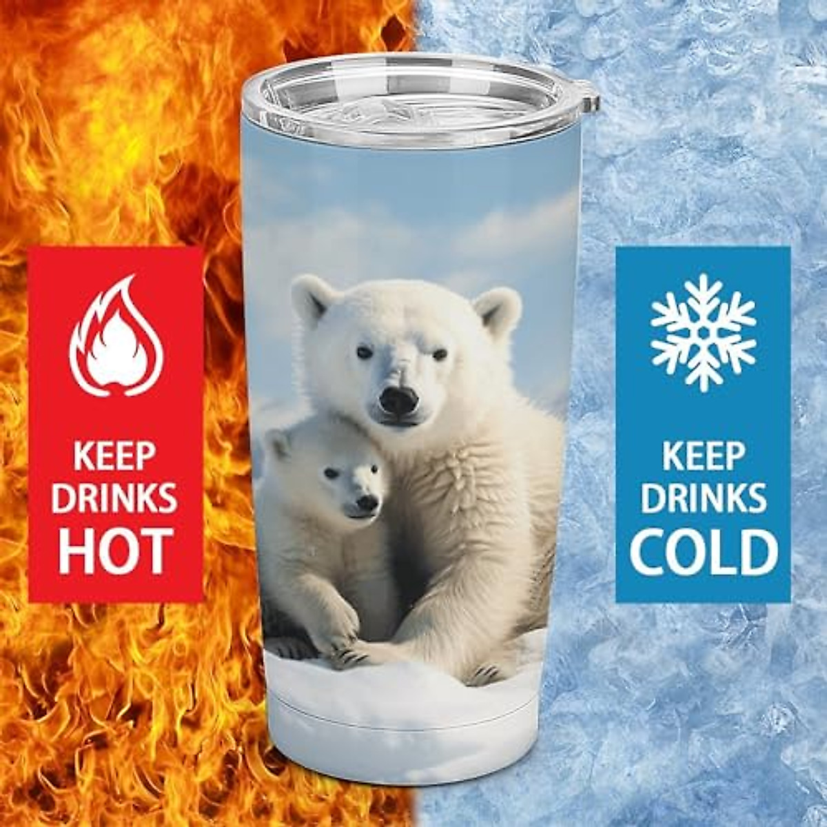 FHENMSA Stainless Steel Insulated Travel Coffee Mug,Cute Polar Bear Print Reusable Car Cup,Thermal Cup for Outdoor with Straw And Lid