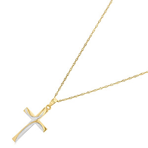 Ioka 14K Two Tone Gold Cross Charm Pendant with 1.2mm Singapore Chain Necklace - 24"