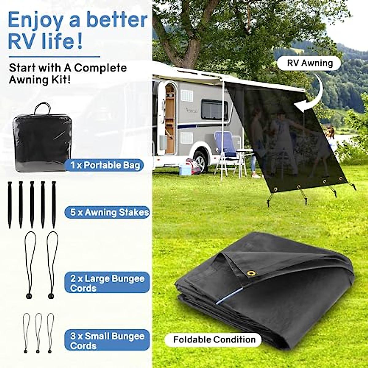 Gopper RV Awning Shade Screen with Zipper 9'x17'3", RV Awning Fabric Replacement Complete Kits for Trailer Camper, RV Awning 230GSM 8.2oz, 600D Durable Mesh Blocks 88% Sunlight, Improves Shade&Privacy