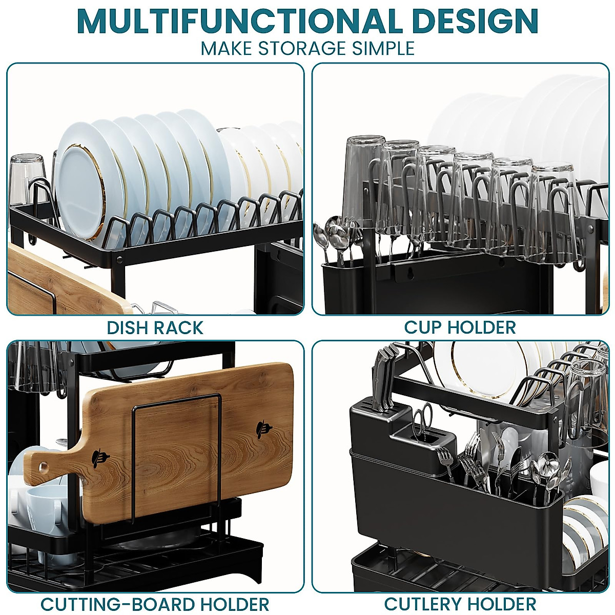 TAILI Dish Drying Rack for Kitchen Counter with Drainboard, Large 2 Tier Dish Rack and Drainboard Set with Cutlery Holder, Cup Holder & Utensil Holder, Rustproof Sink Dish Drying Rack
