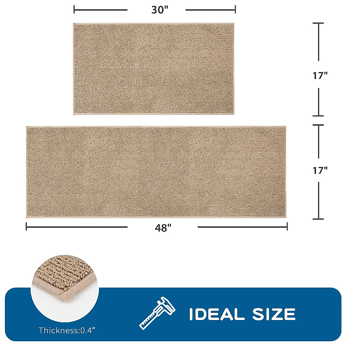 PURRUGS Machine Washable Kitchen Rug Set of 2, Non-Slip/Skid Kitchen Runner Rugs & Floor Mats, Super Absorbent Soft Area Rugs for Sink, Kitchen & Laundry, Rolled Packaging, Beige
