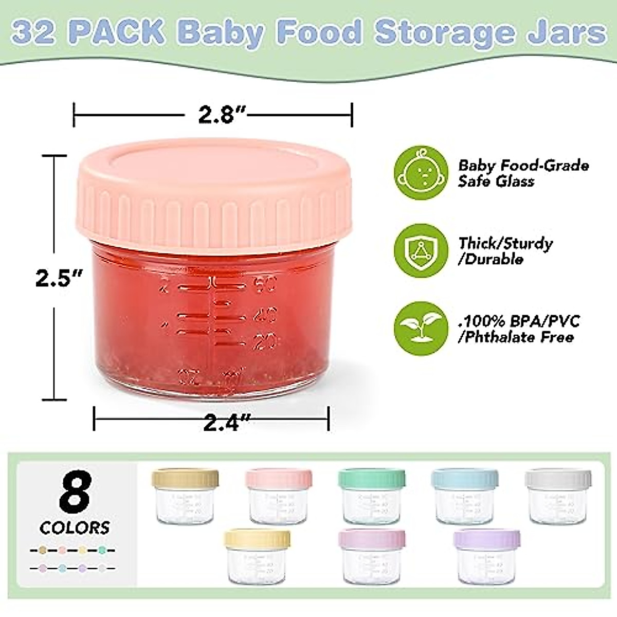 RowinsyDD 32 Pack Glass Baby Food Storage Containers, 4 oz Leakproof Baby Food Jars with Lids, Small Glass Food Containers for Infant Baby Food, Freezer & Microwave Safe, BPA Free