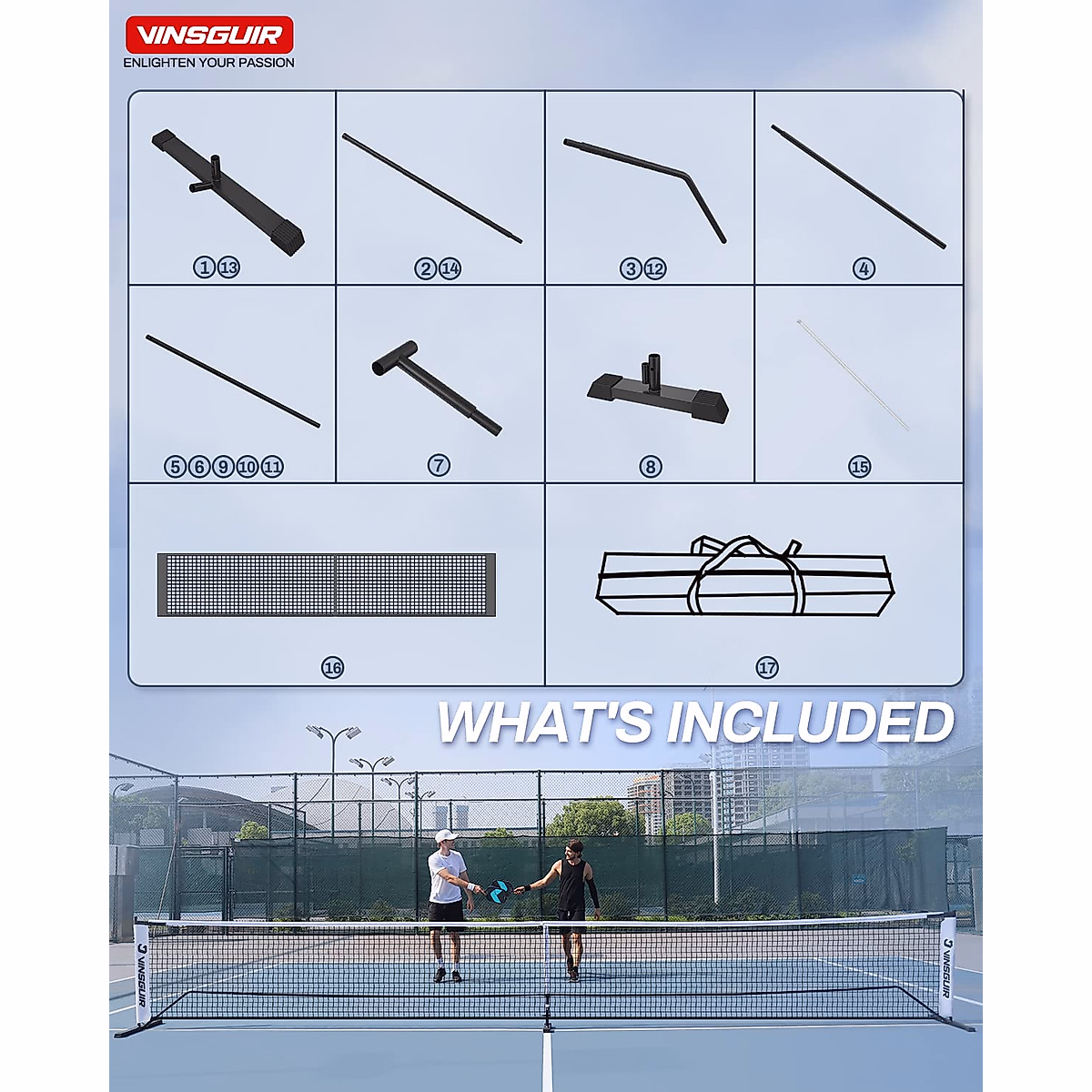 VINSGUIR Portable Pickleball Net, Pickleball Nets Designed for All Weather Conditions with Steady Metal Frame and Strong PE Net, Regulation Size Net with Carrying Bag