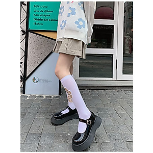 Sahabowi White Pearl Flower Handcraft Calf Socks For Women, Nylon Silk High Knee Stockings, Elastic Stretch Thin(HS2023042407white, 1pair)