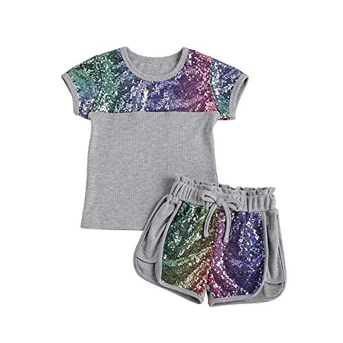 Nie Cuimeiwan Toddler Baby Girl Summer Clothes Sequins Pocket Top T-Shirts Shorts Set Mamas Little Cowgirl Outfit (Style-A Grey, 6-7 Years)
