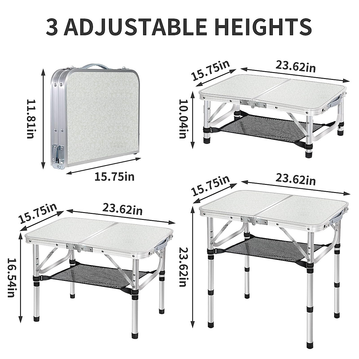 MYCOQU Small Folding Camping Table, 3 Heights Adjustable Portable Folding Camp Table, 2Ft 24''L x 16''W Aluminum Foldable Picnic Table with Mesh Layer, White Folding Table for Outdoor Indoor Beach BBQ