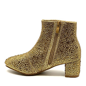 Forever Girls Rhinestone Boots Kids Low Heel Dress Booties Iceberg-12K Shoes Gold Rhinestone 2