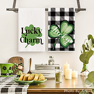 Artoid Mode Buffalo Plaid Clover Shamrock Lucky Charm St. Patrick's Day Kitchen Towels Dish Towels, 18x26 Inch Seasonal Kiss Me Hat Decoration Hand Towels Set of 4
