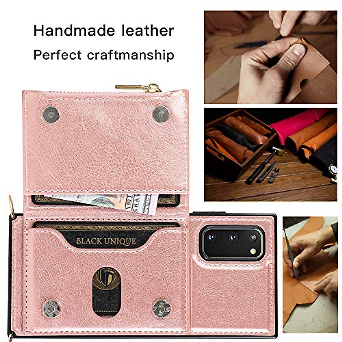 UEEBAI Crossbody Wallet Case for Samsung Galaxy S20 FE 5G, PU Leather Zipper Wallet Case with Card Slots with Removable Crossbody Wrist Strap Kickstand Magnetic Flip Case Cover - Rose Gold