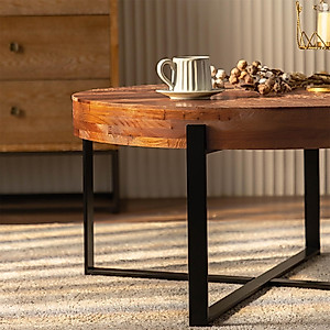 SSLine Antique Round Wood Coffee Table Farmhouse Cocktail Center Table for Living Room Thicken Fir Wood Table Top with Cross Metal Base(Natural&Black - 33.86" D x 17.71" H)