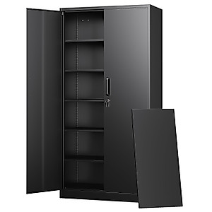 Letaya Metal Storage Cabinets with Lock Doors,Tall Locker Organizer Steel Garage Cabinets, 5 Adjustable Layers Shelves for Home, Office, Warehouse,Tool,Industrial(Black)