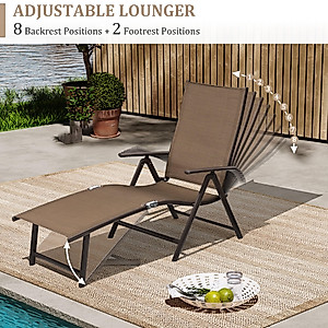 VredHom 2PCS Patio Chaise Lounge Outdoor Adjustable Folding Lounge Chair Recliner with 8 Adjustable Backrest Positions for Pool Beach Yard, Brown Textliene and Brown Aluminum Frame