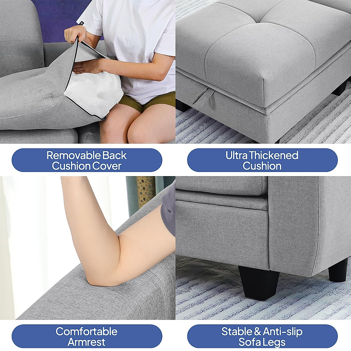 Arathorn Modular Sectional Sofa Couch with Reversible Chaise, 4 Seats L-Shaped Couch Sofa with Storage Ottoman for Living Room Apartment, Grey