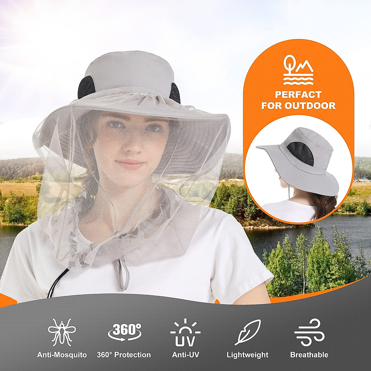 Mosquito Net Hat - Safari Sun Visor Hat with Removable Bug Net for Outdoor Men and Women